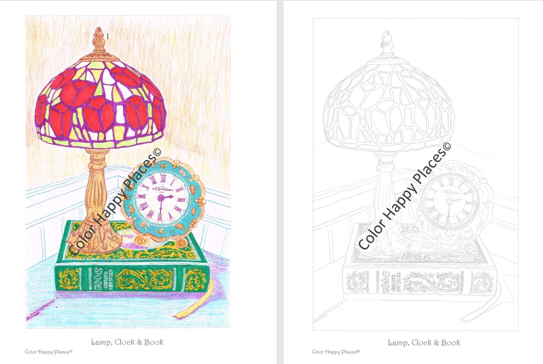 Lamp Clock & Book Coloring Page Online or Print Adult Coloring Page ...