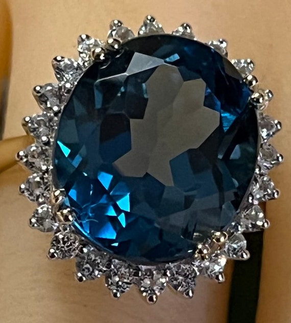 8 Carat Oval Cut Gorgeous London Blue Topaz Halo of White Topaz 10K Yellow Gold Size 6 Make It Yours