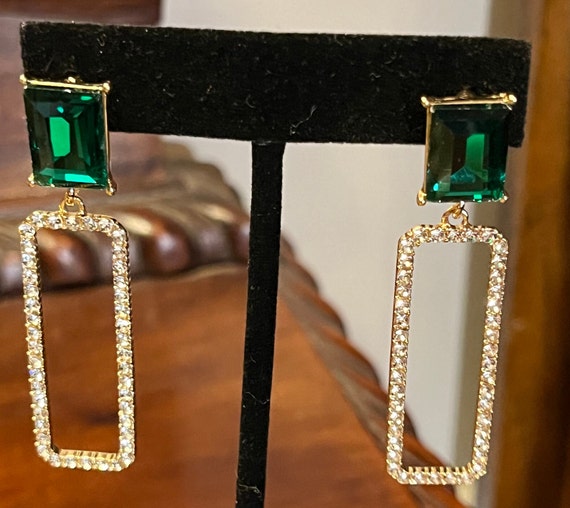 BridalPanacheshop Faux Emerald and Rhinestone Drop Dangle Earrings Silver Tone Metal Gorgeous Post Backs Make It Yours