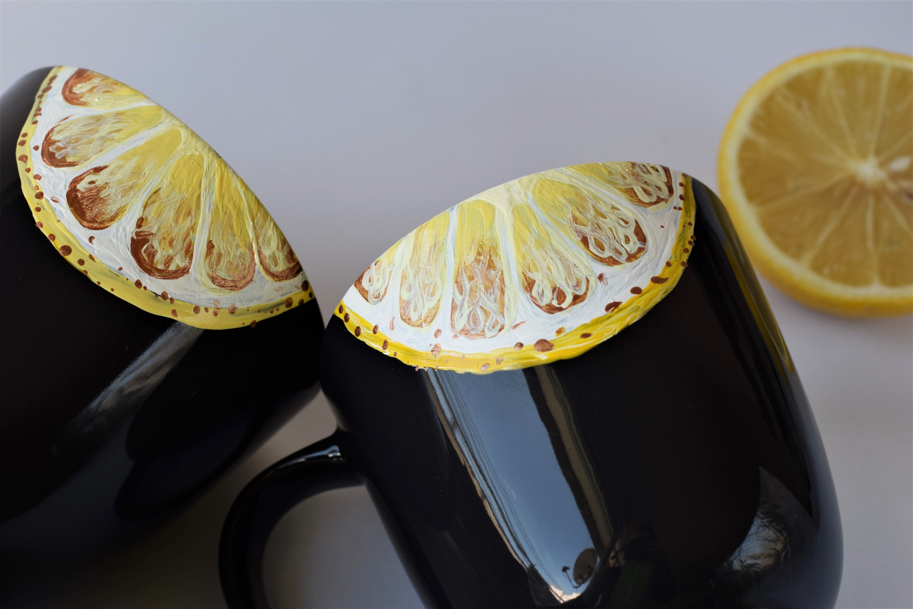Love Lemons 2 Mugs Painted by Hand Tea Coffee Mugs Set of - Etsy