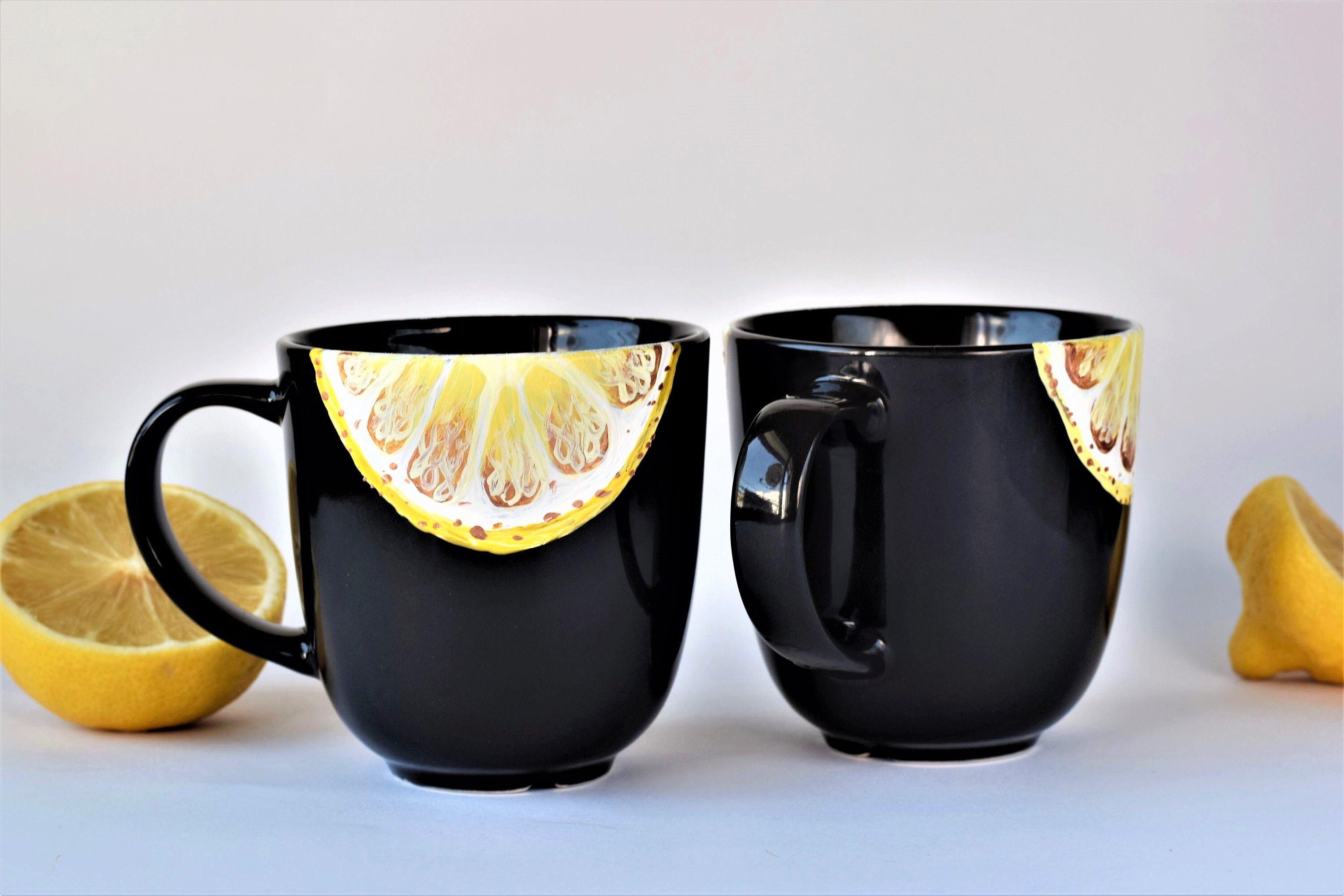 Love Lemons 2 Mugs Painted by Hand Tea Coffee Mugs Set of - Etsy