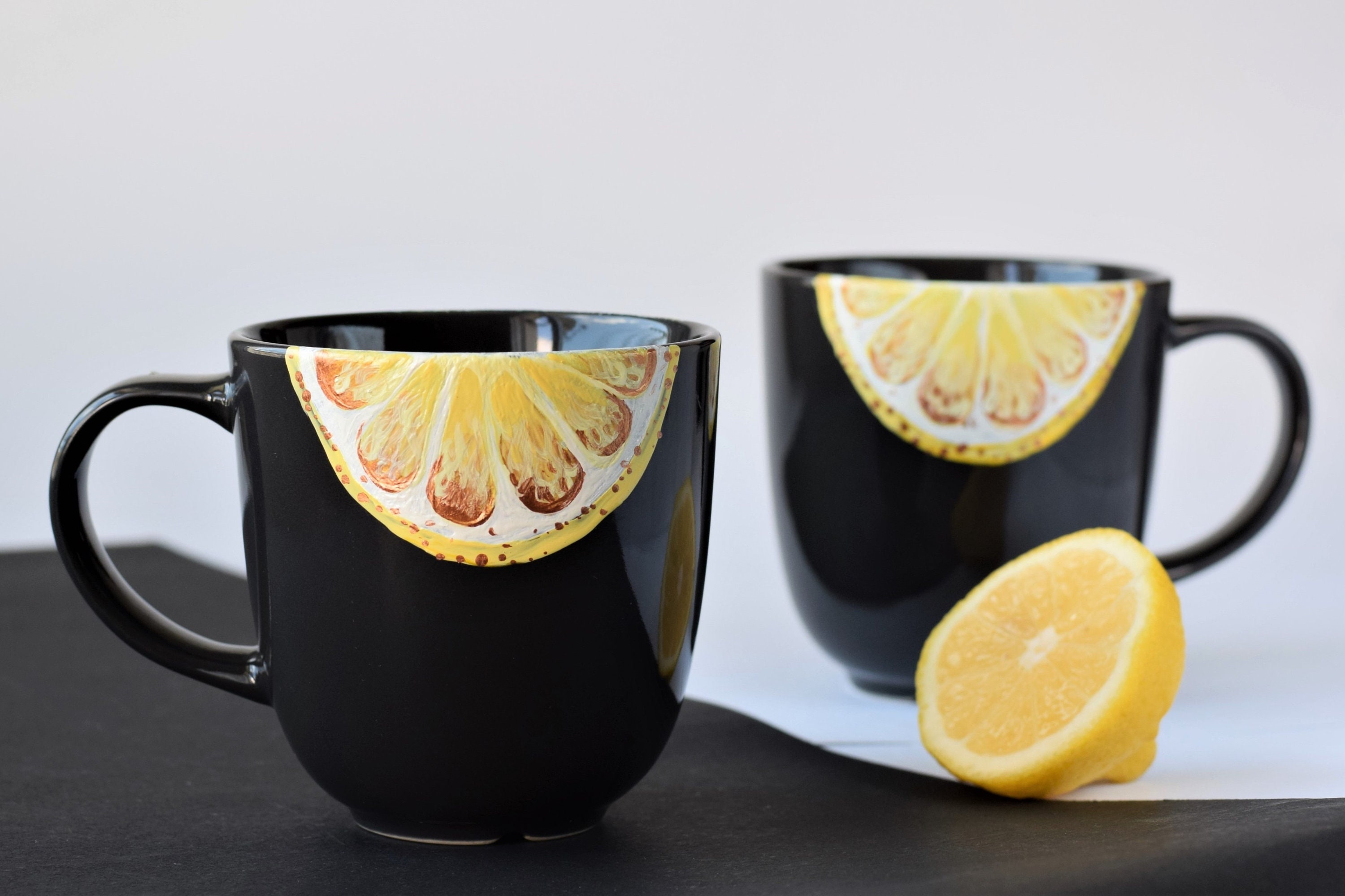 Love Lemons 2 Mugs Painted by Hand Tea Coffee Mugs Set of - Etsy