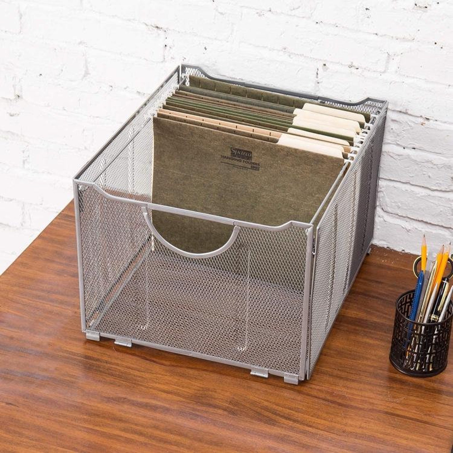 Silver Metal Mesh Hanging File Folder Storage Crate | Etsy
