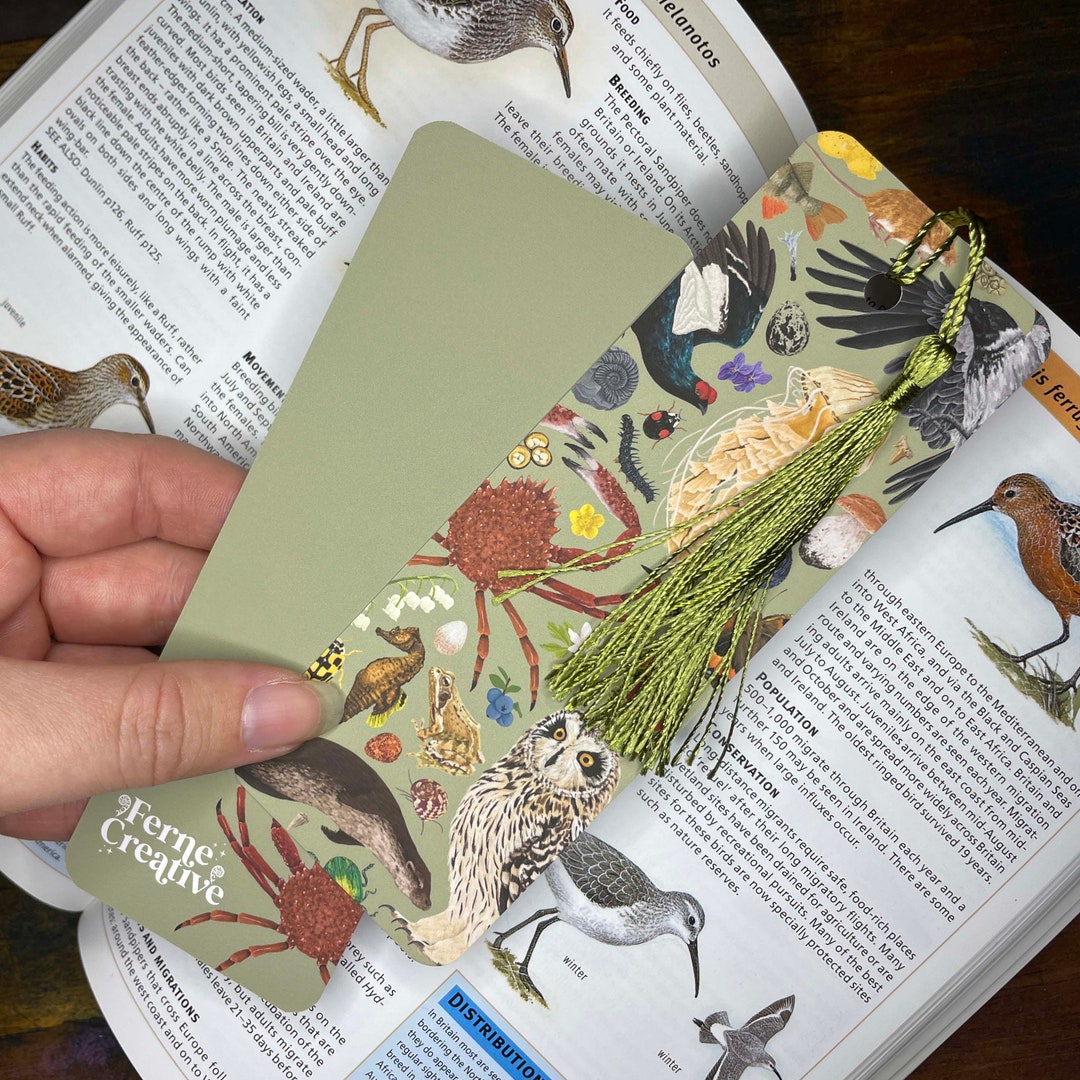Green British Wildlife Illustrated Bookmark, Cute Tasselled Nature Art ...