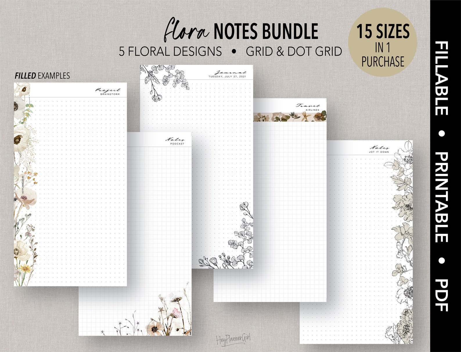 15 SIZE BUNDLE *FILLABLE* Flora Notes Bundle | Fillable & Printable | 5 ...