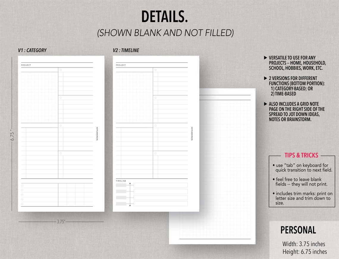 PERSONAL FILLABLE PROJECTS Insert Fillable & Printable 2 - Etsy