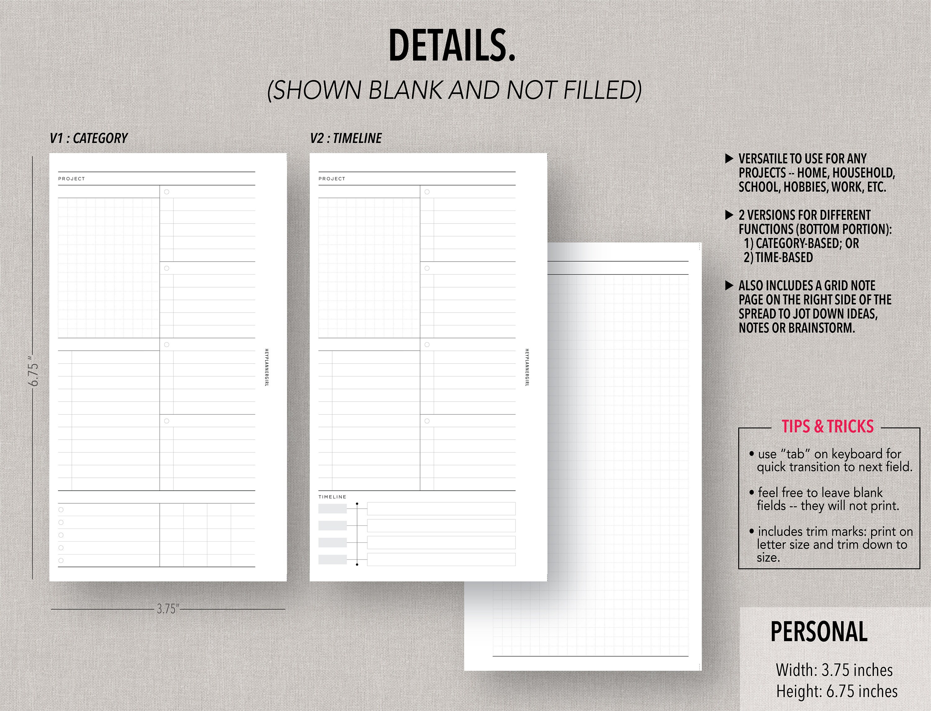 PERSONAL FILLABLE PROJECTS Insert Fillable & Printable 2 - Etsy
