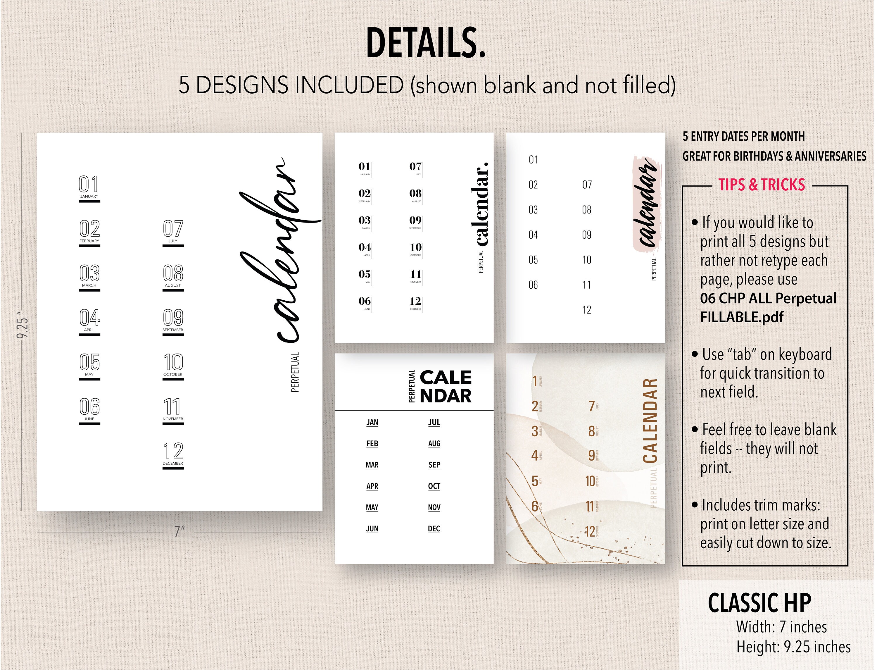 CLASSIC HP FILLABLE Perpetual Calendar Bundle Fillable & | Etsy Canada