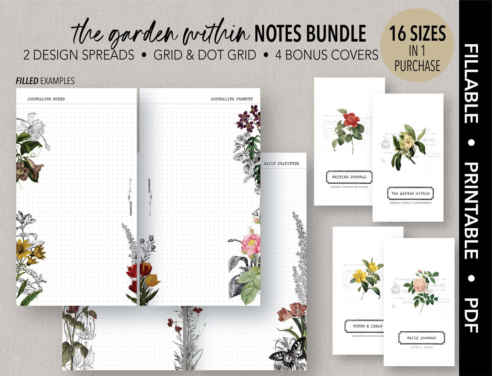 16 SIZE BUNDLE *FILLABLE* the Garden Within Notes Bundle + Bonus Covers ...