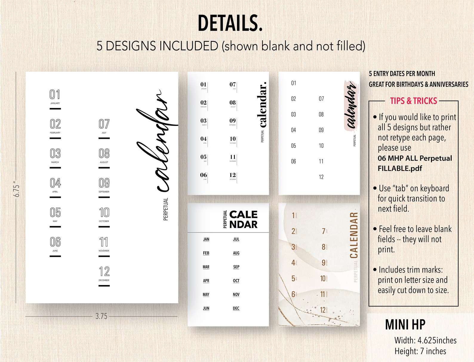 MINI HP FILLABLE Perpetual Calendar Bundle Fillable & | Etsy