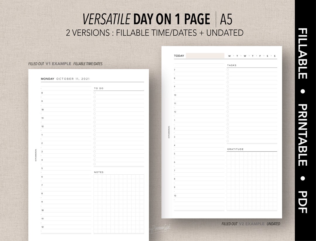 A5 *FILLABLE* VERSATILE DO1P | DAY on 1 Page | 2 Versions | Fillable ...