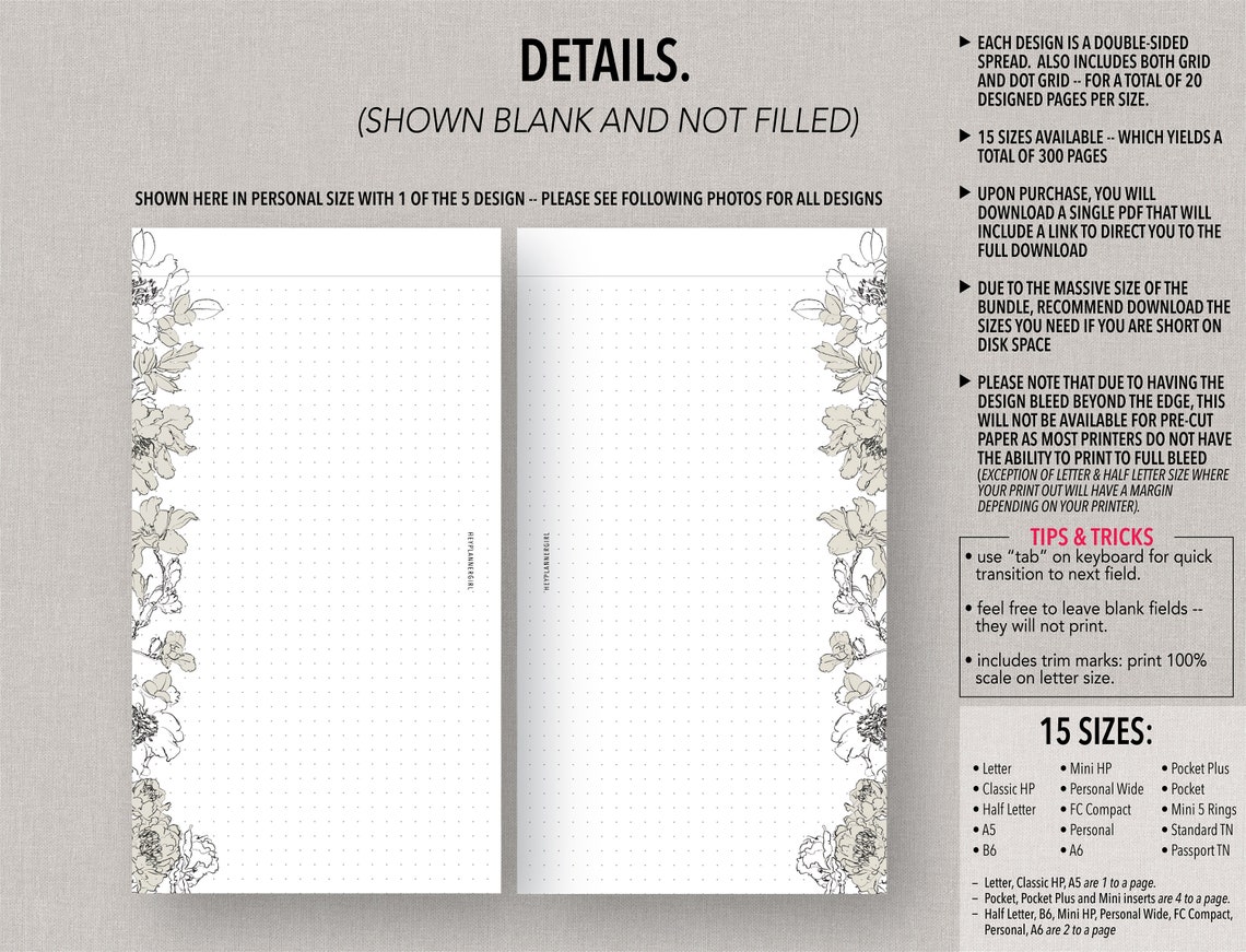15 SIZE BUNDLE FILLABLE Flora Notes Bundle Fillable & - Etsy