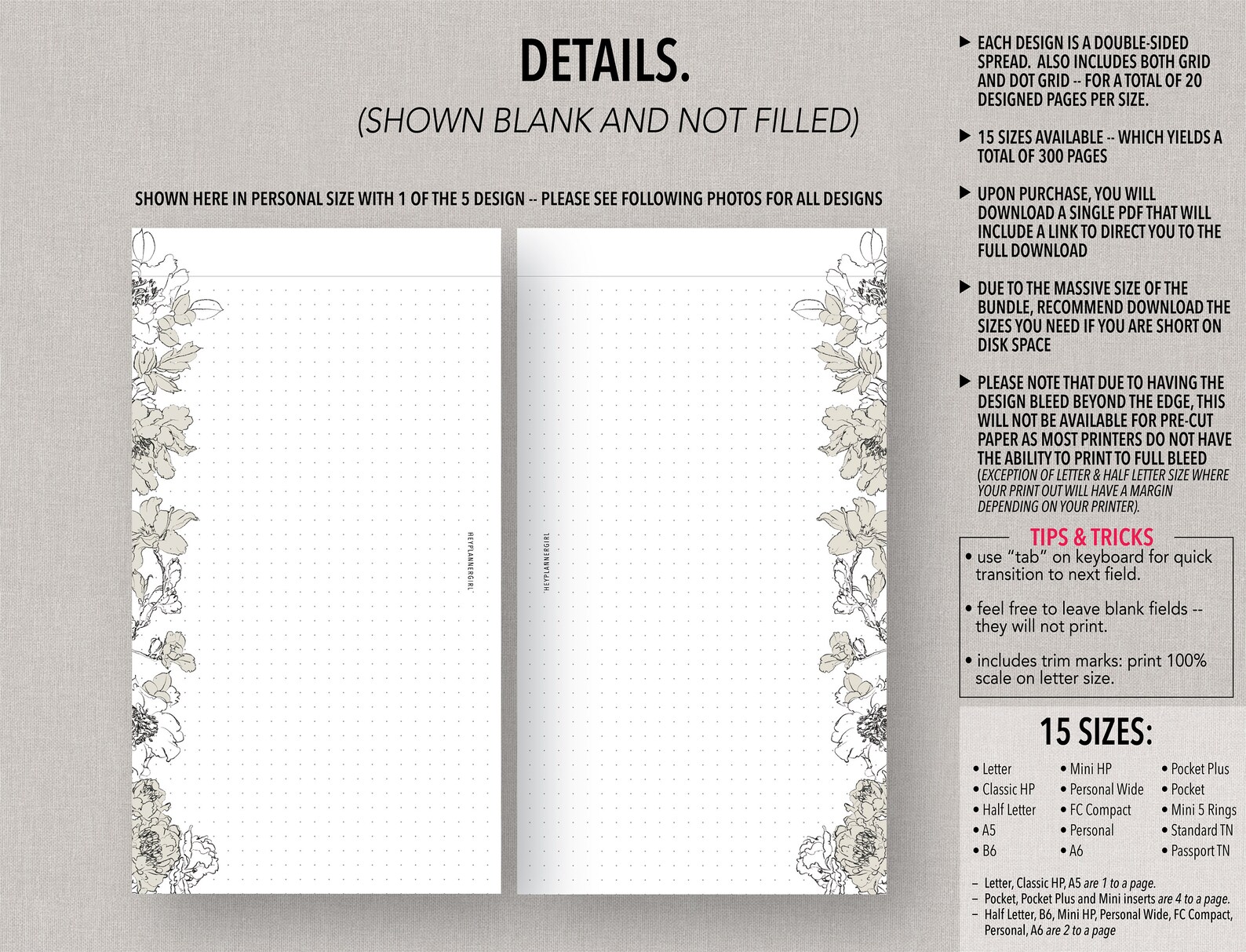 15 SIZE BUNDLE *FILLABLE* Flora Notes Bundle | Fillable & Printable | 5 ...