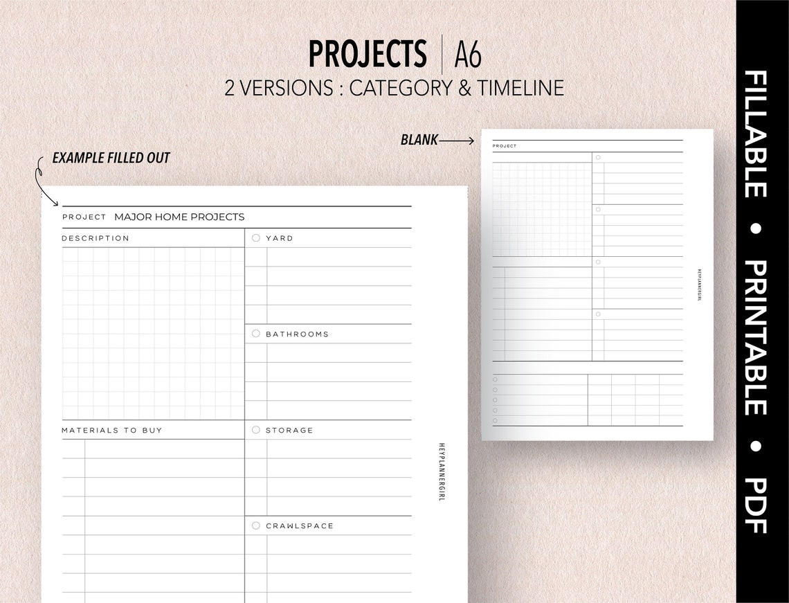 A6 FILLABLE PROJECTS Insert Fillable & Printable 2 - Etsy