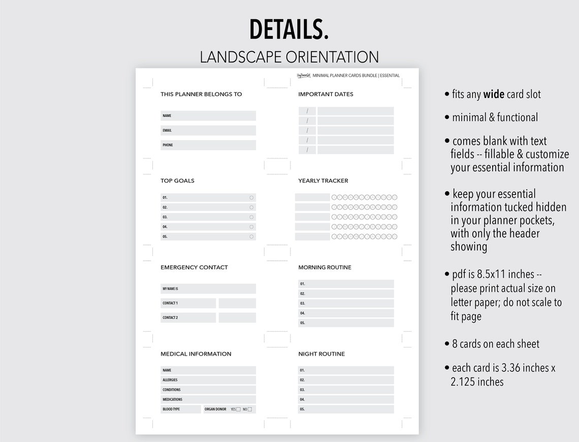 ESSENTIAL MINIMAL *FILLABLE* Planner Cards Bundle | Essential Info ...