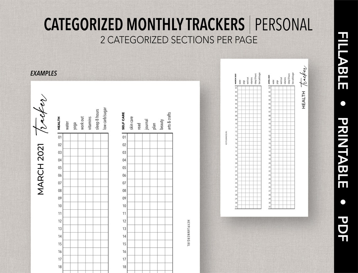 PERSONAL FILLABLE CATEGORIZED Monthly Trackers Fillable & - Etsy