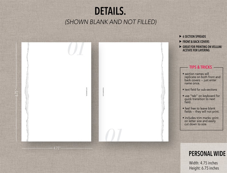 PERSONAL WIDE FILLABLE script Section Covers Fillable & - Etsy