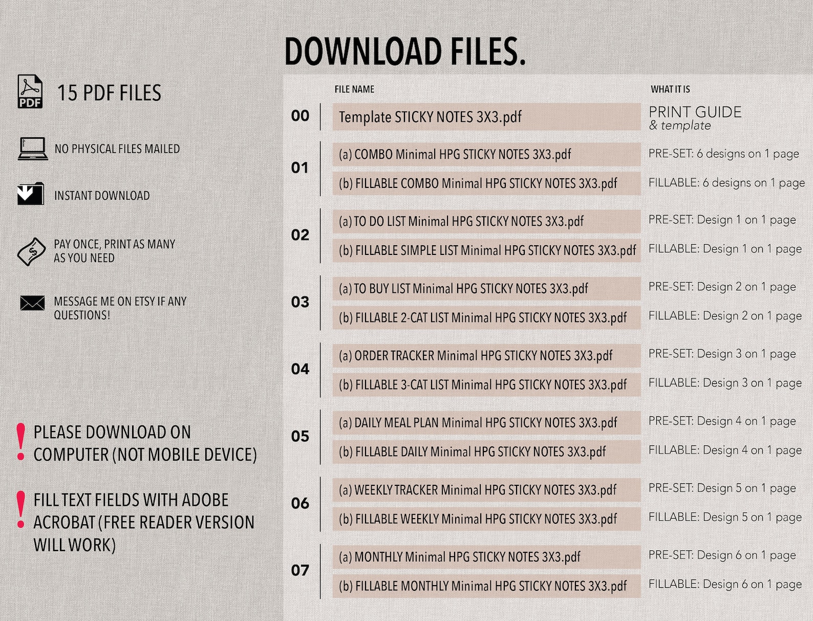 STICKY NOTES FILLABLE Minimal Bundle 2 Versions : Pre-set and Fillable ...