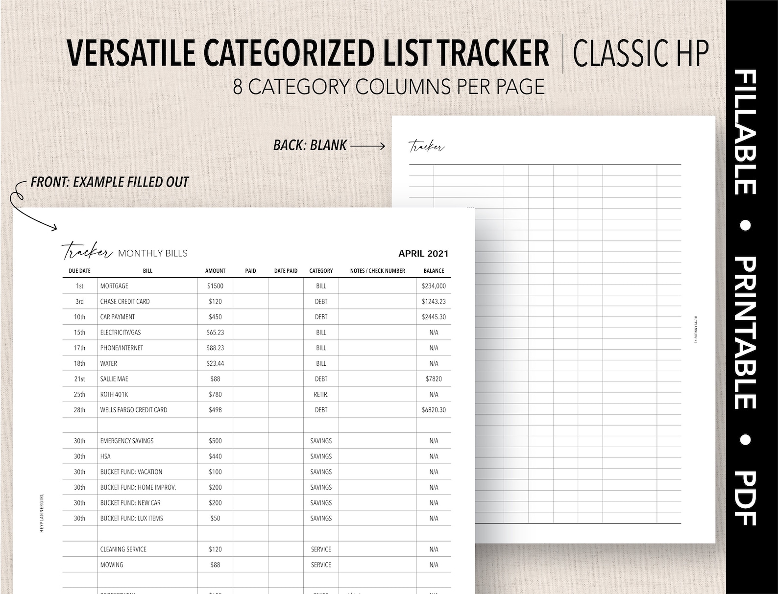 CLASSIC HP *FILLABLE* Versatile Categorized List Tracker | Fillable ...