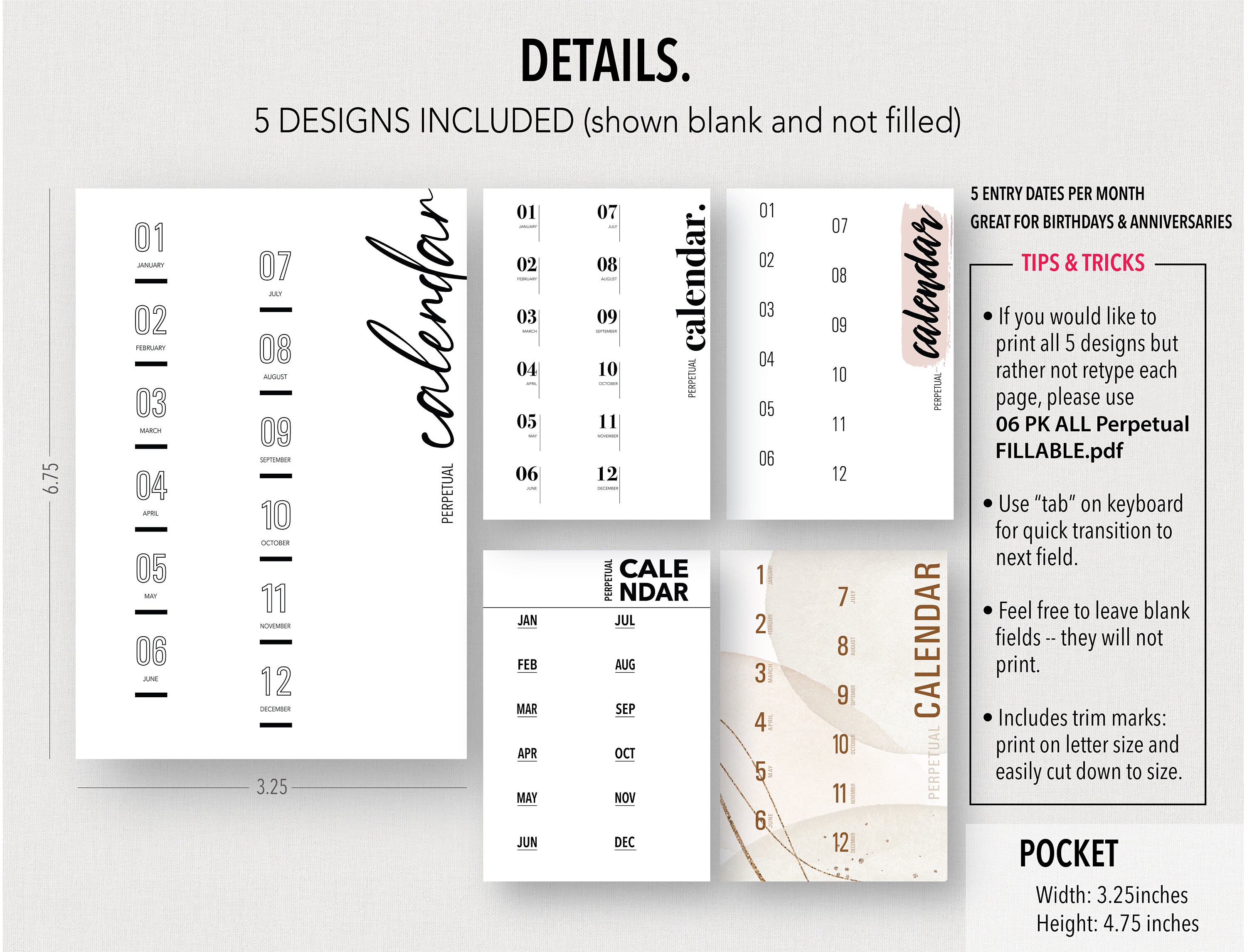 POCKET *FILLABLE* PERPETUAL Calendar Bundle | Fillable & Printable | 5 ...