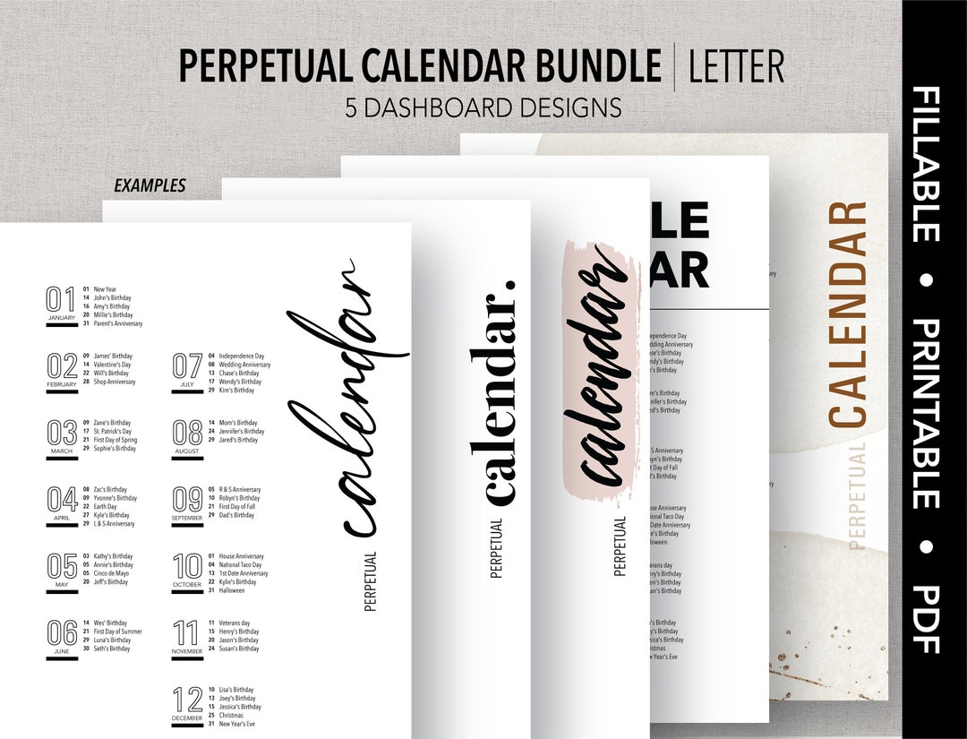LETTER *FILLABLE* Perpetual Calendar Bundle | Fillable & Printable | 5 ...