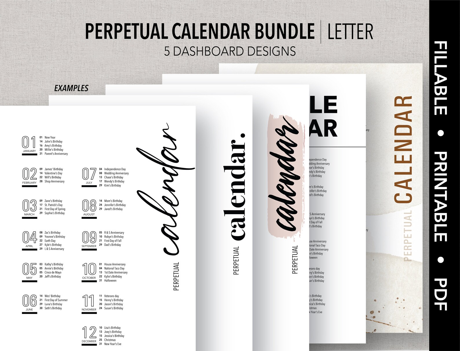 LETTER *FILLABLE* Perpetual Calendar Bundle | Fillable & Printable | 5 ...