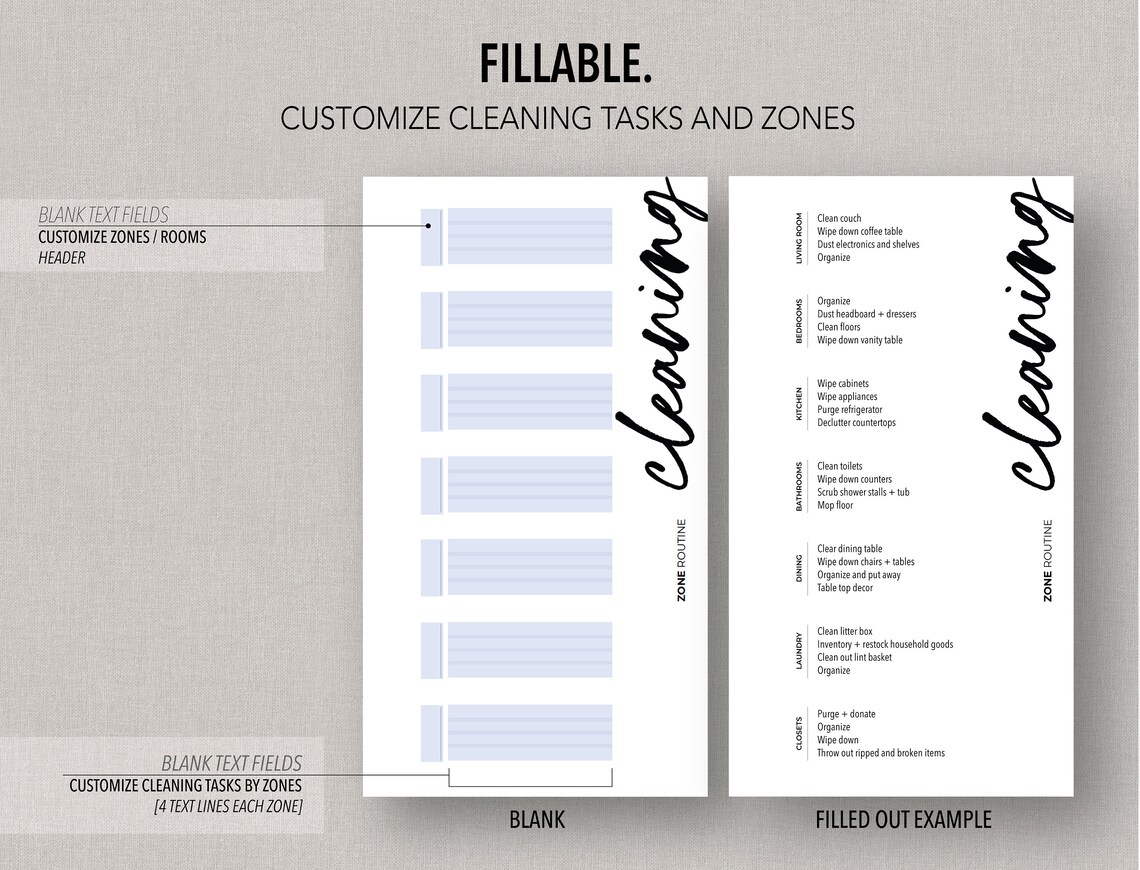 PERSONAL *FILLABLE* Cleaning ZONE Routine Insert | Fillable & Printable ...
