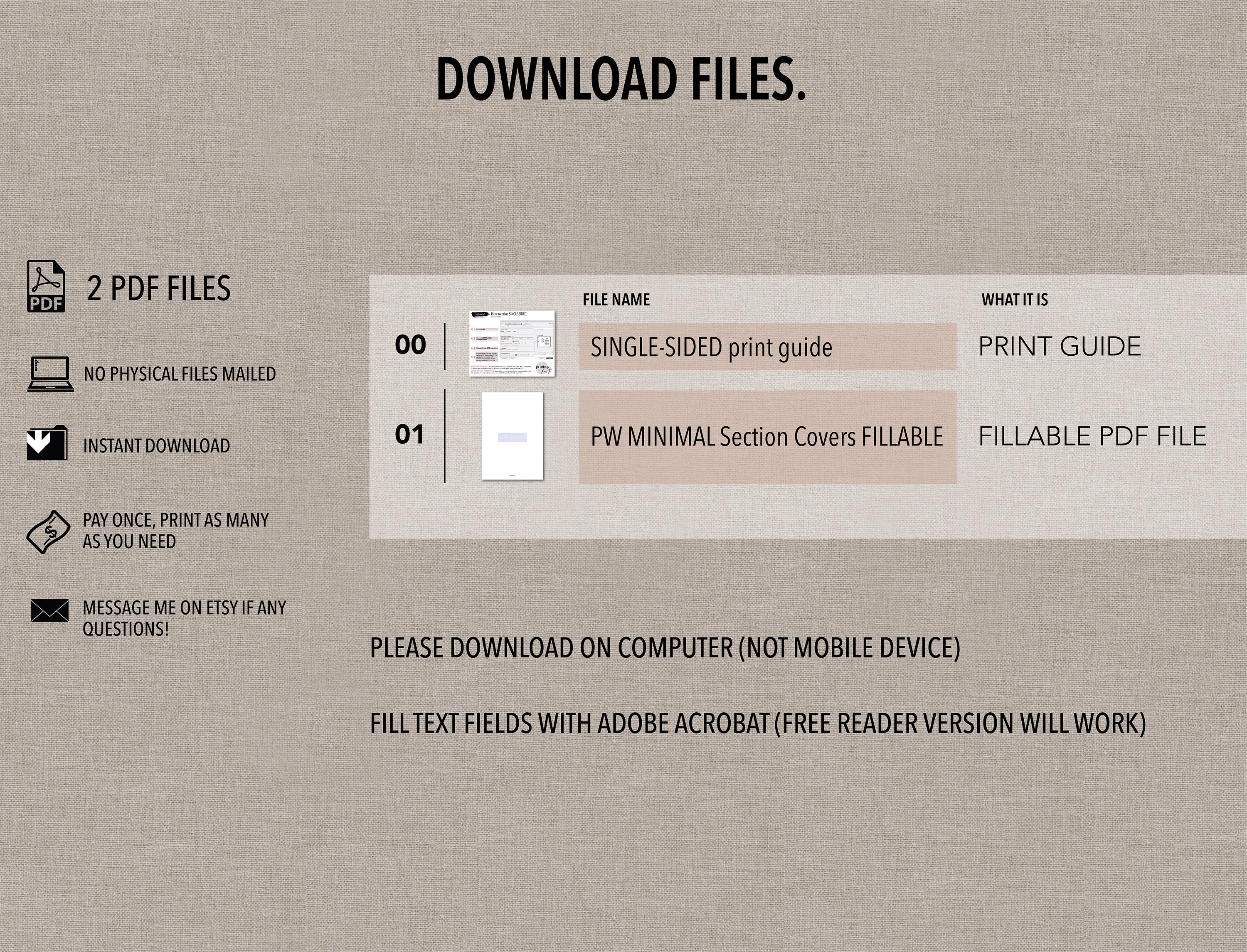 PERSONAL WIDE FILLABLE minimal Section Covers Fillable & - Etsy