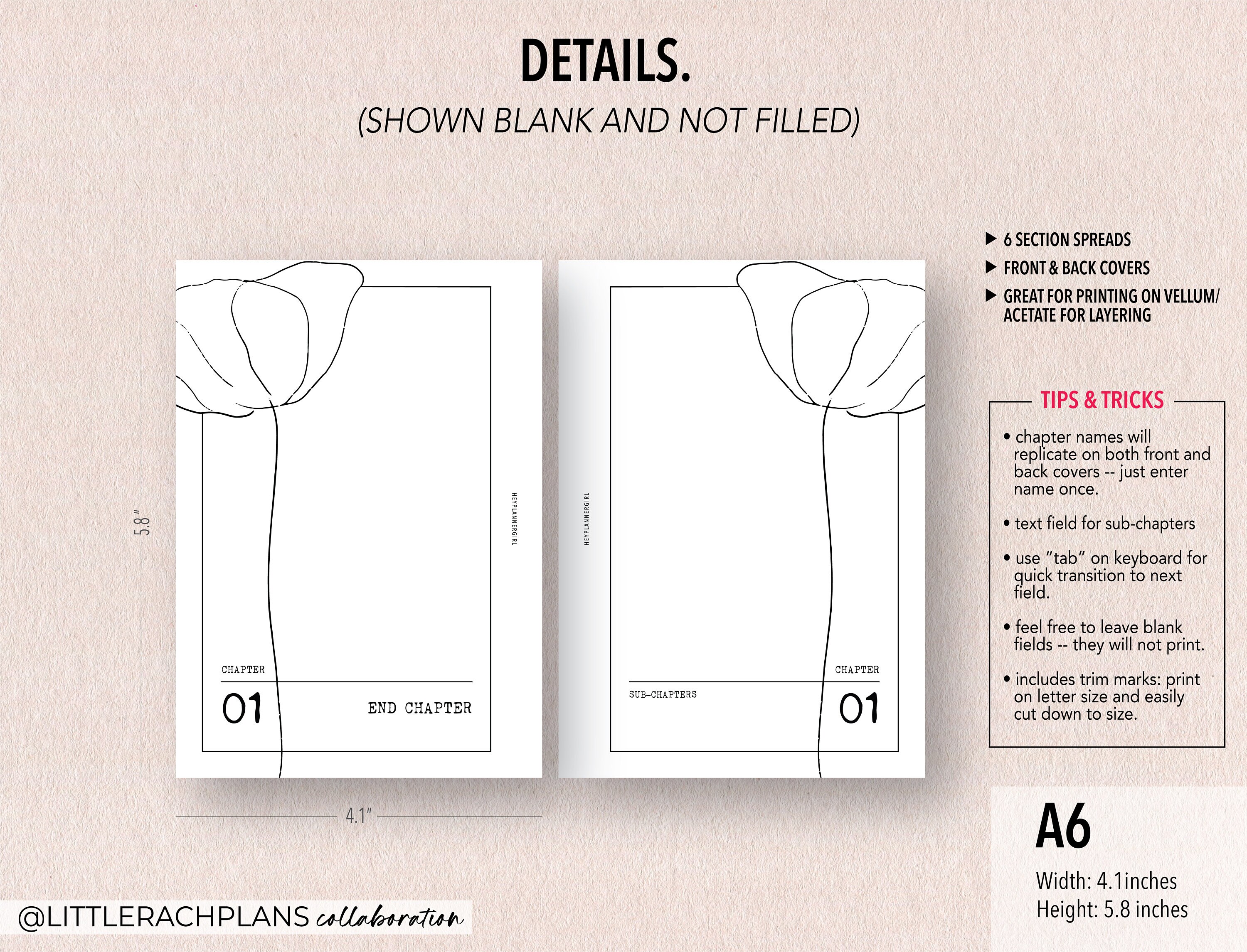 A6 FILLABLE RACHEL'S FLORAL Chapter Covers Fillable & | Etsy