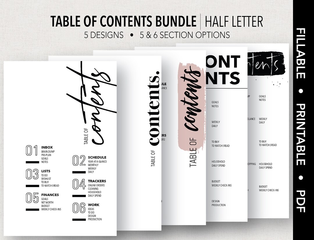 HALF LETTER *FILLABLE* Table of Contents Bundle | Fillable & Printable ...