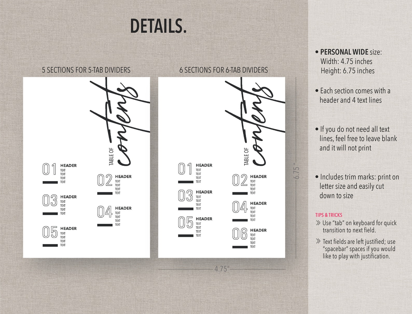 PERSONAL WIDE FILLABLE Table of Contents Bundle Fillable & - Etsy