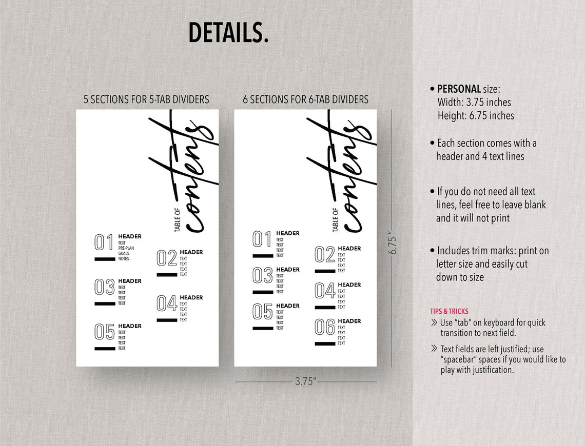 PERSONAL FILLABLE Table of Contents Bundle Fillable & - Etsy