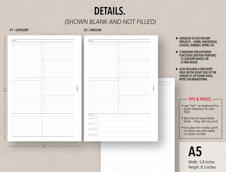 A5 FILLABLE PROJECTS Insert Fillable & Printable 2 - Etsy