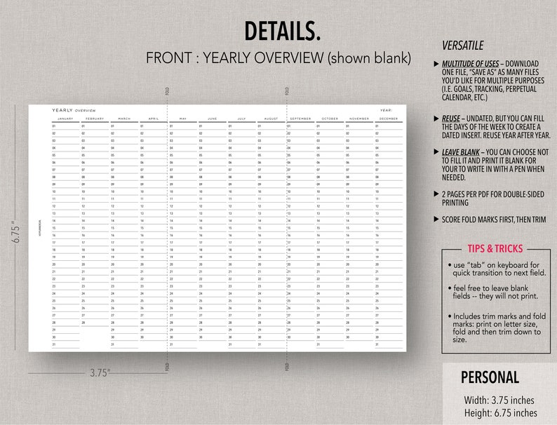 PERSONAL FILLABLE YEARLY / Monthly Overview Fold Out Insert | Etsy
