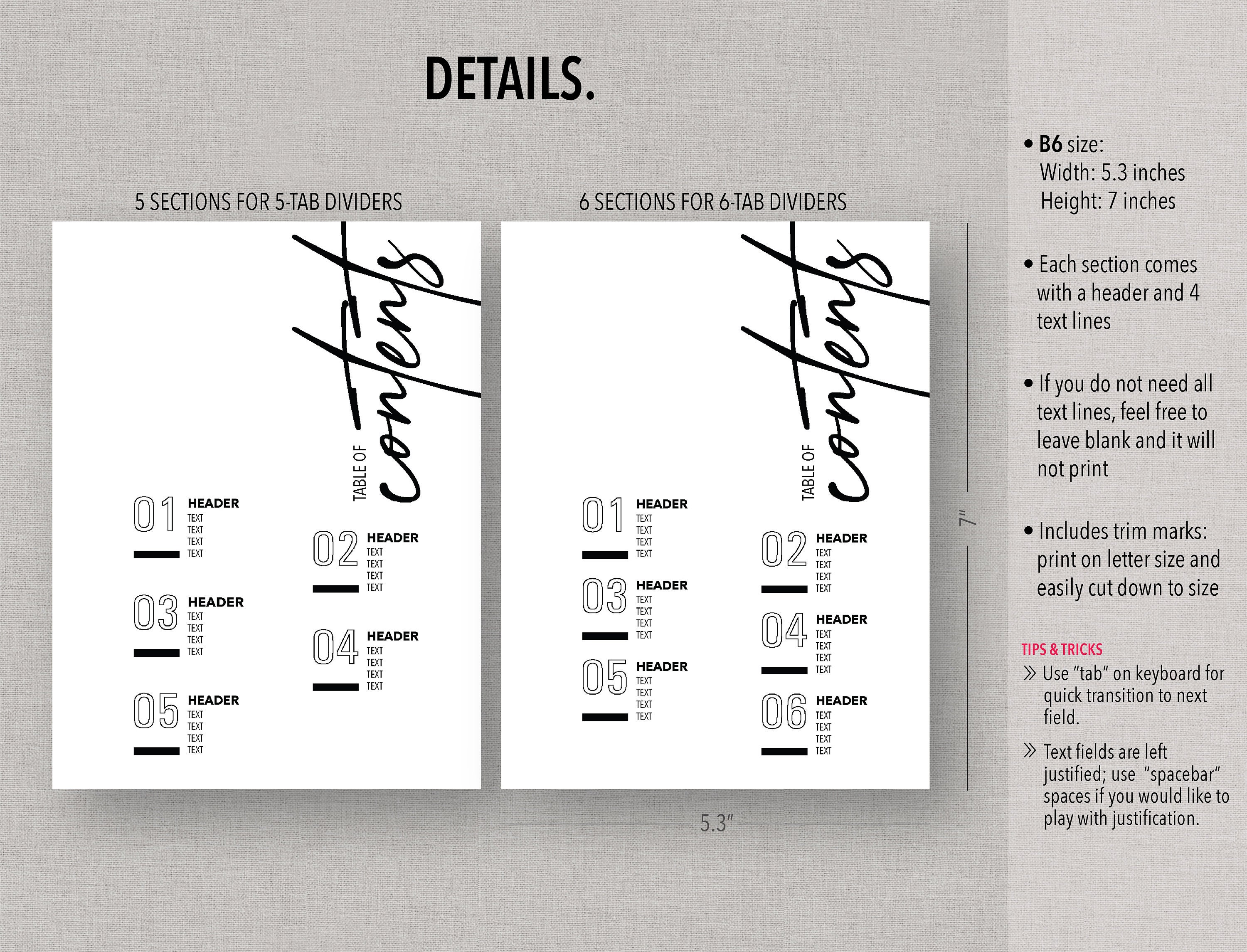 B6 FILLABLE Table of Contents Bundle Fillable & Printable | Etsy