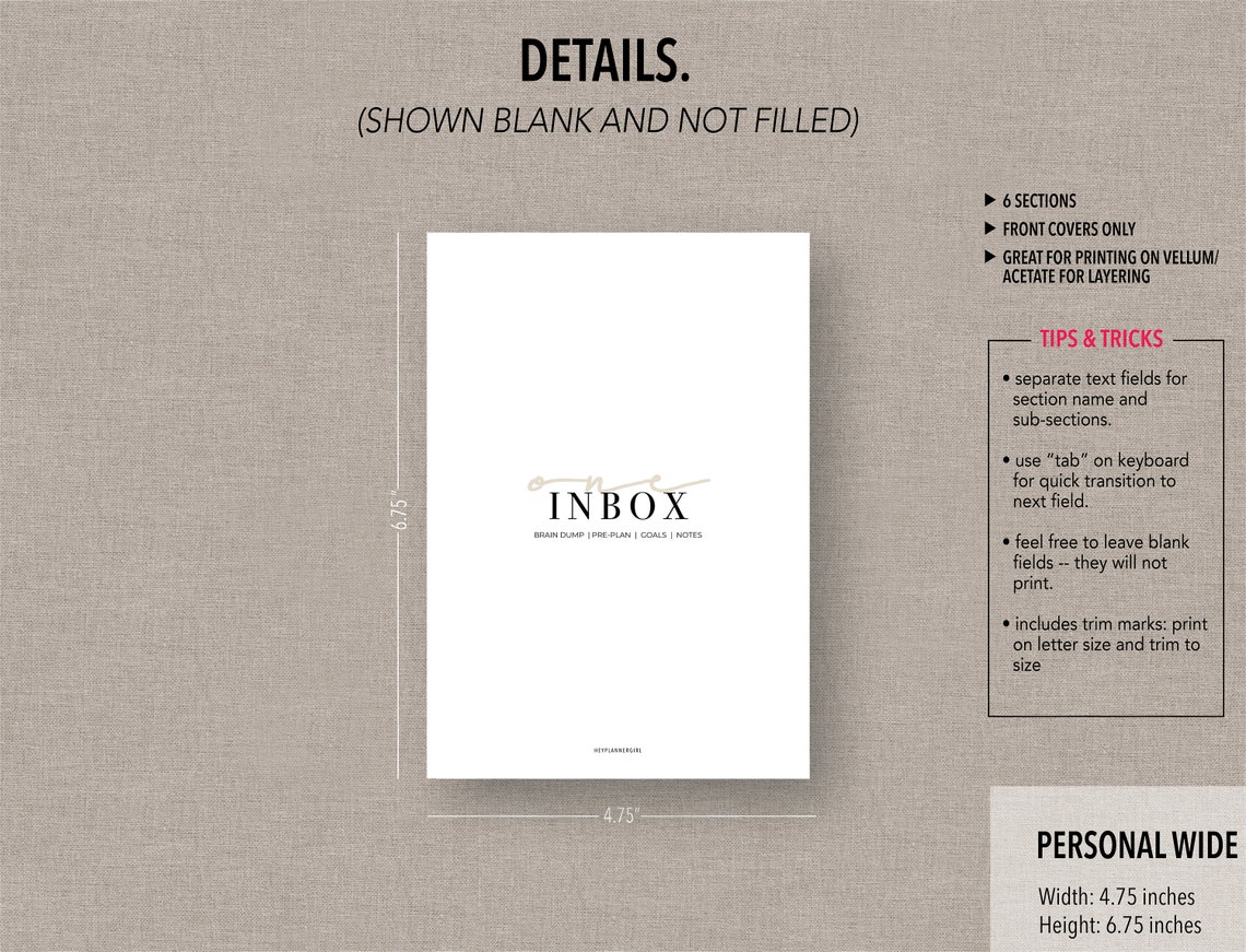 PERSONAL WIDE FILLABLE minimal Section Covers Fillable & - Etsy