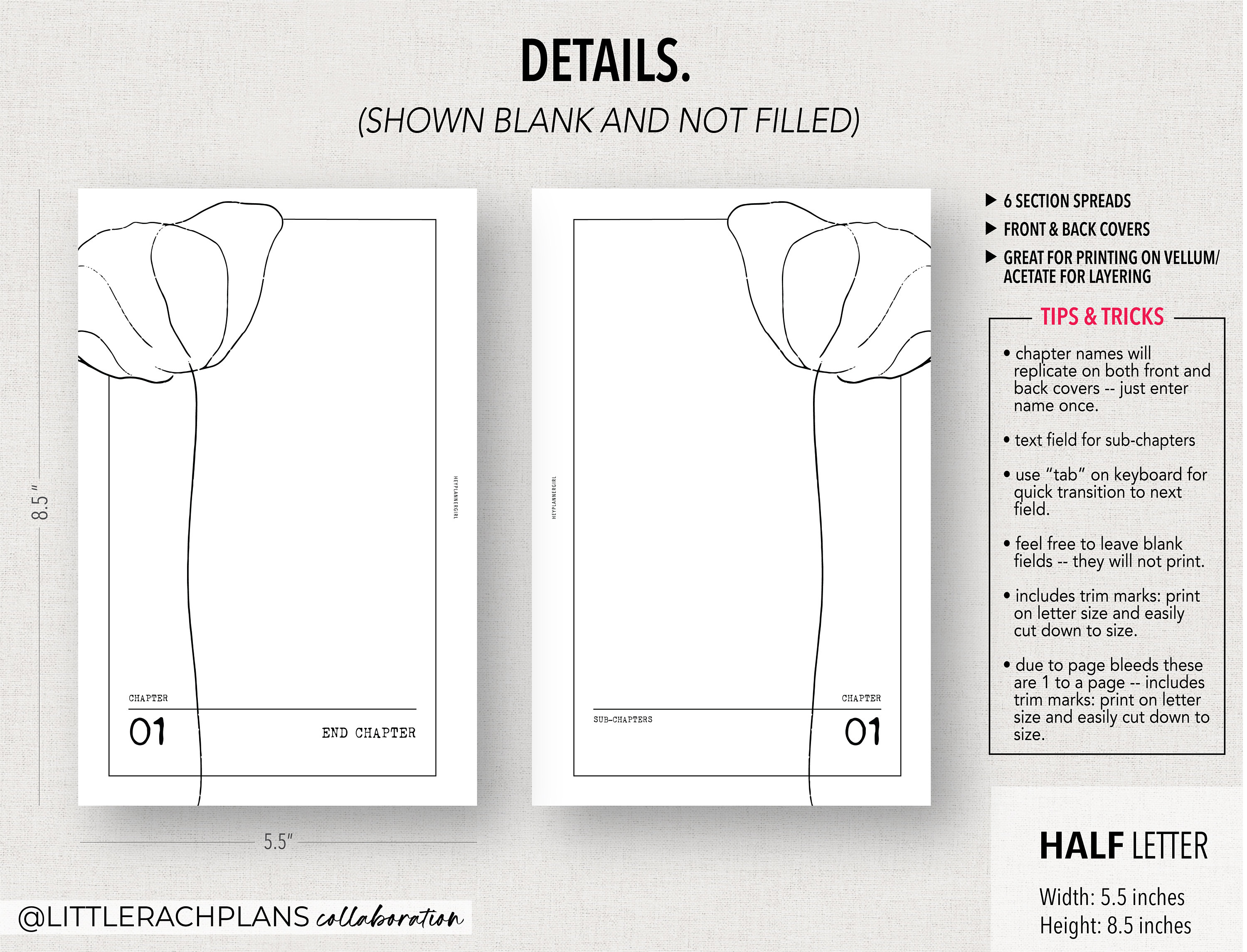 HALF LETTER *FILLABLE* Rachel's Floral Chapter Covers | Fillable ...