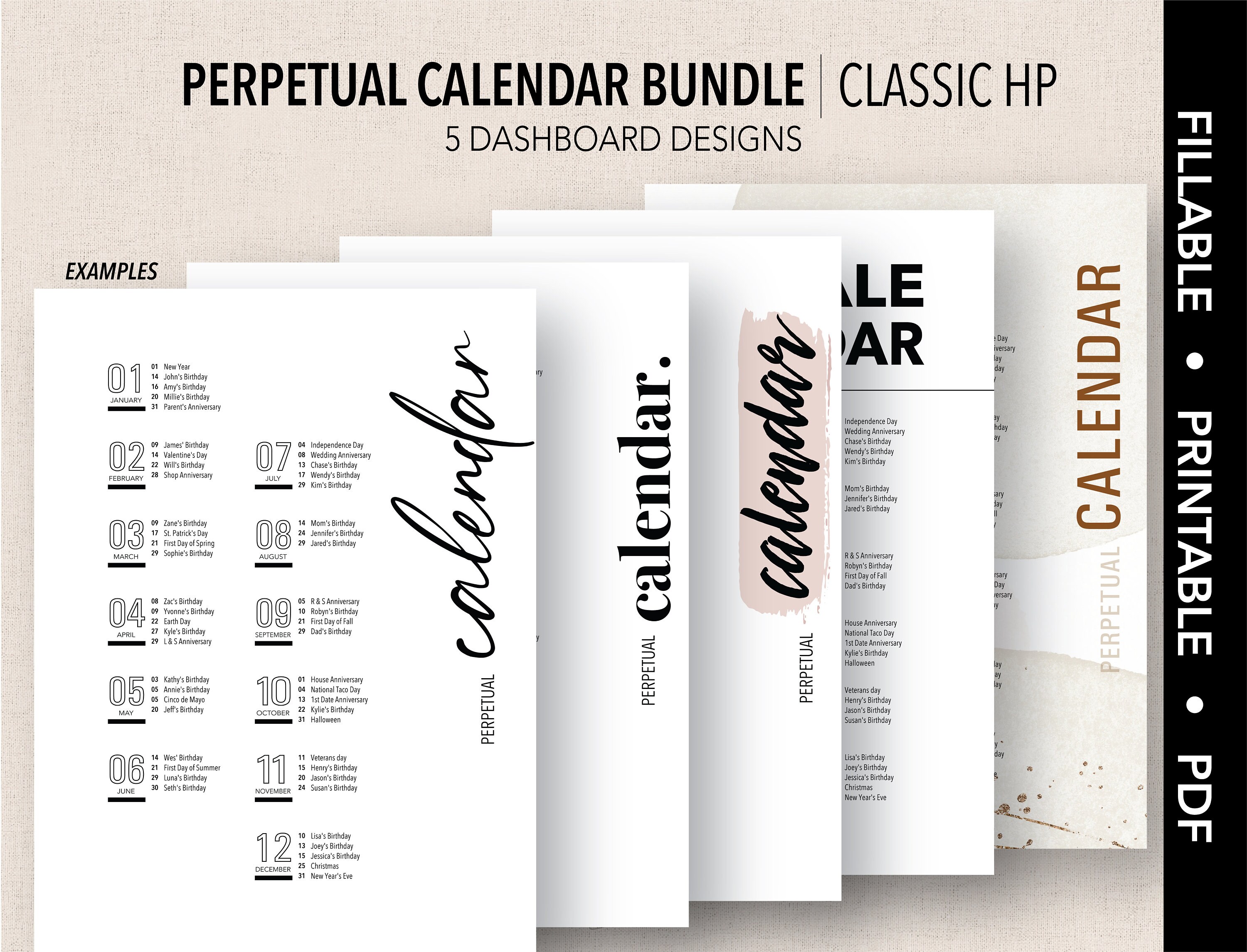 CLASSIC HP FILLABLE Perpetual Calendar Bundle Fillable & | Etsy Canada
