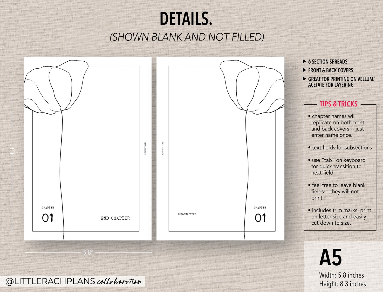 A5 FILLABLE Rachel's FLORAL CHAPTER Covers Fillable & - Etsy