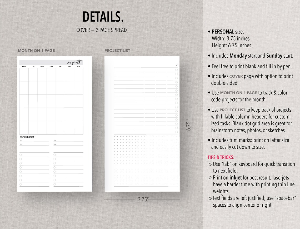 PERSONAL FILLABLE PROJECTS Monthly Tracker Fillable & | Etsy
