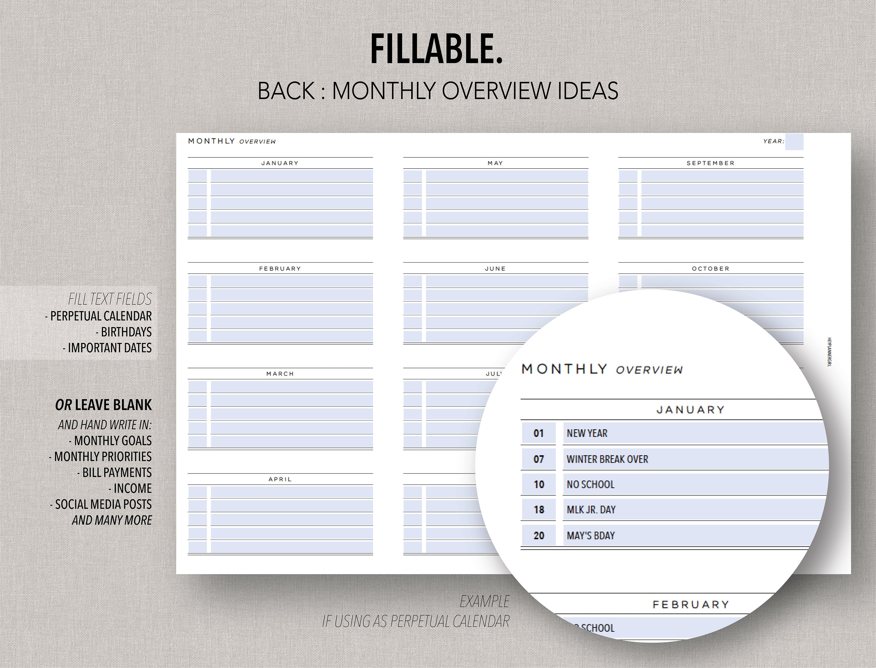 PERSONAL FILLABLE YEARLY / Monthly Overview Fold Out Insert | Etsy