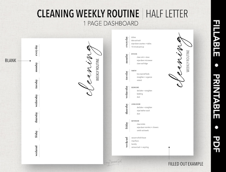 HALF LETTER FILLABLE Cleaning Weekly Routine Insert - Etsy