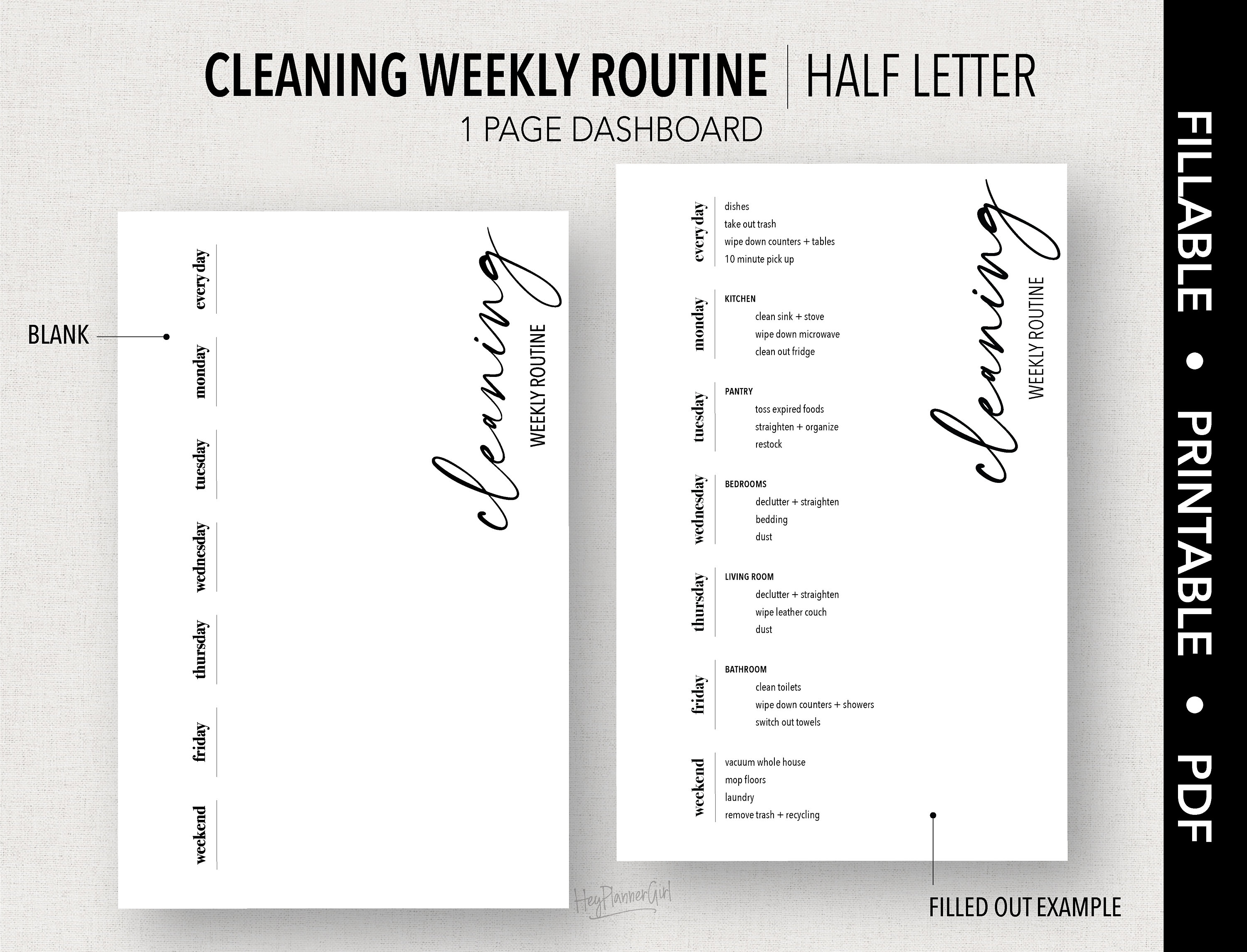 HALF LETTER FILLABLE Cleaning Weekly Routine Insert - Etsy Canada