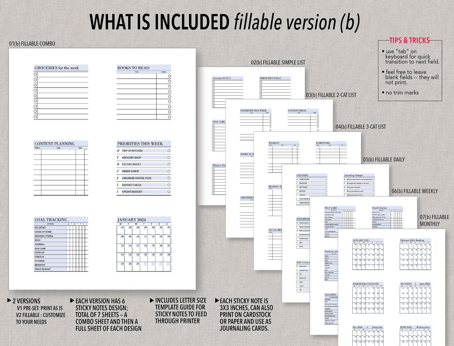 STICKY NOTES FILLABLE Minimal Bundle 2 Versions : Pre-set and Fillable ...