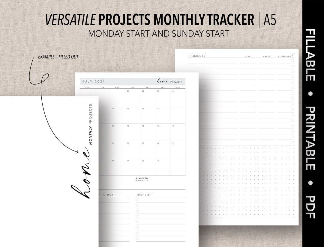 A5 *FILLABLE* VERSATILE PROJECTS Monthly Tracker | Fillable & Printable ...