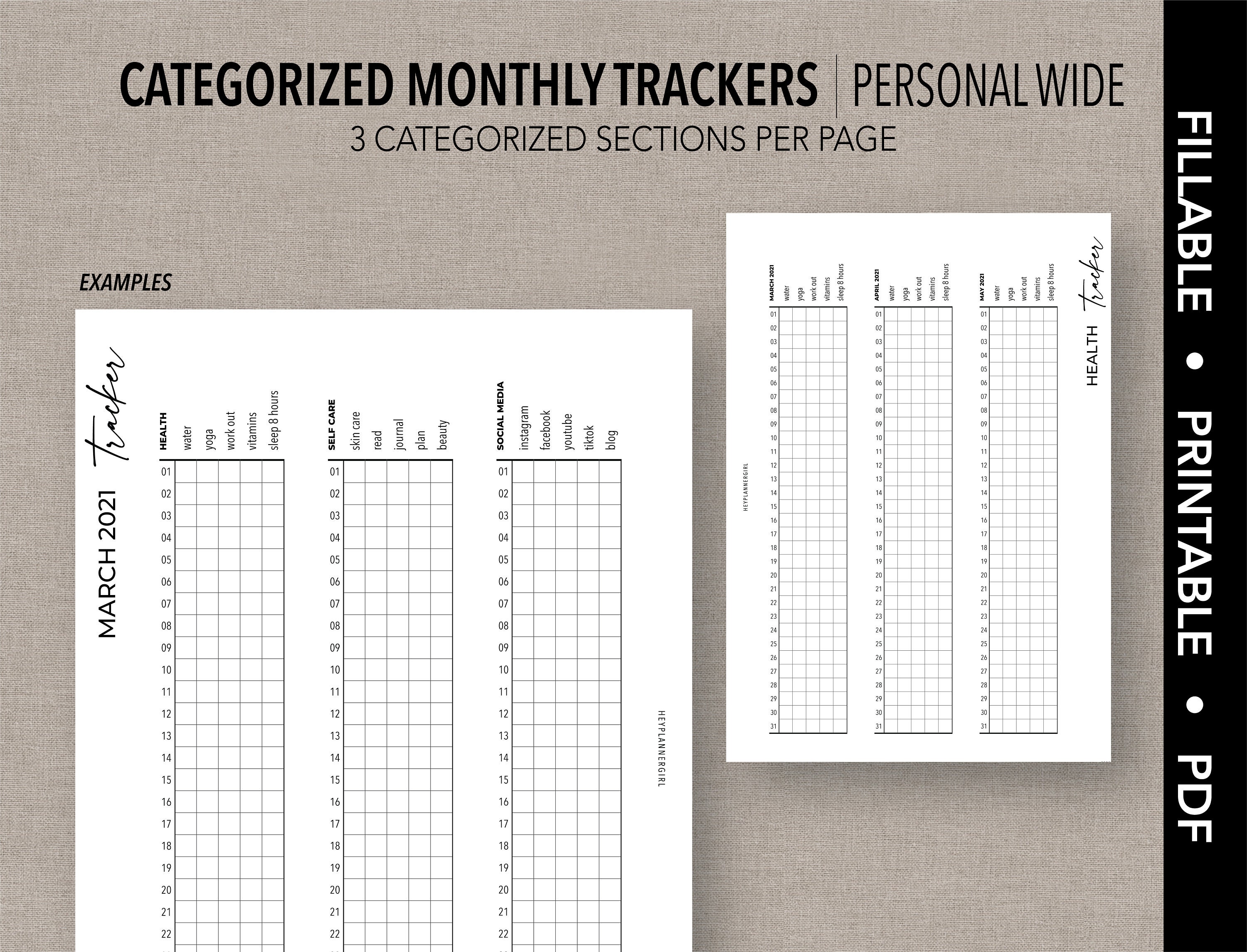 PERSONAL WIDE FILLABLE Categorized Monthly Trackers - Etsy