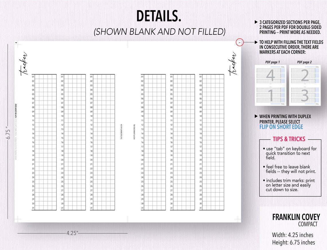 FRANKLIN COVEY Compact *FILLABLE* Categorized Monthly Trackers ...