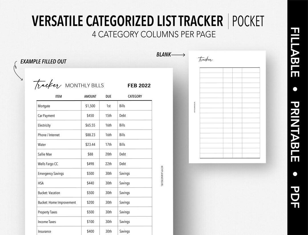 POCKET *FILLABLE* Versatile CATEGORIZED List Tracker | Fillable ...