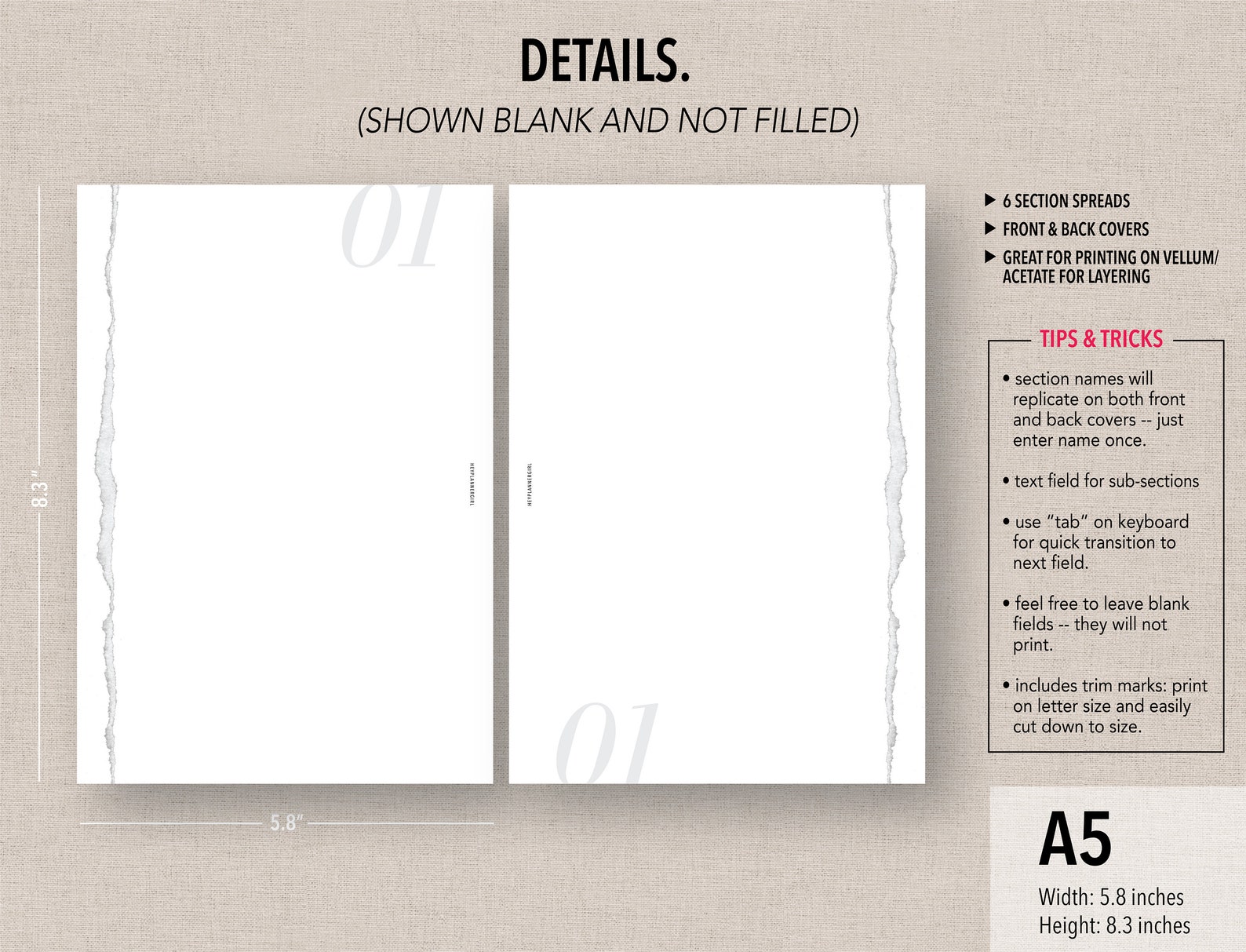 A5 FILLABLE script Section Covers Fillable & Printable | Etsy