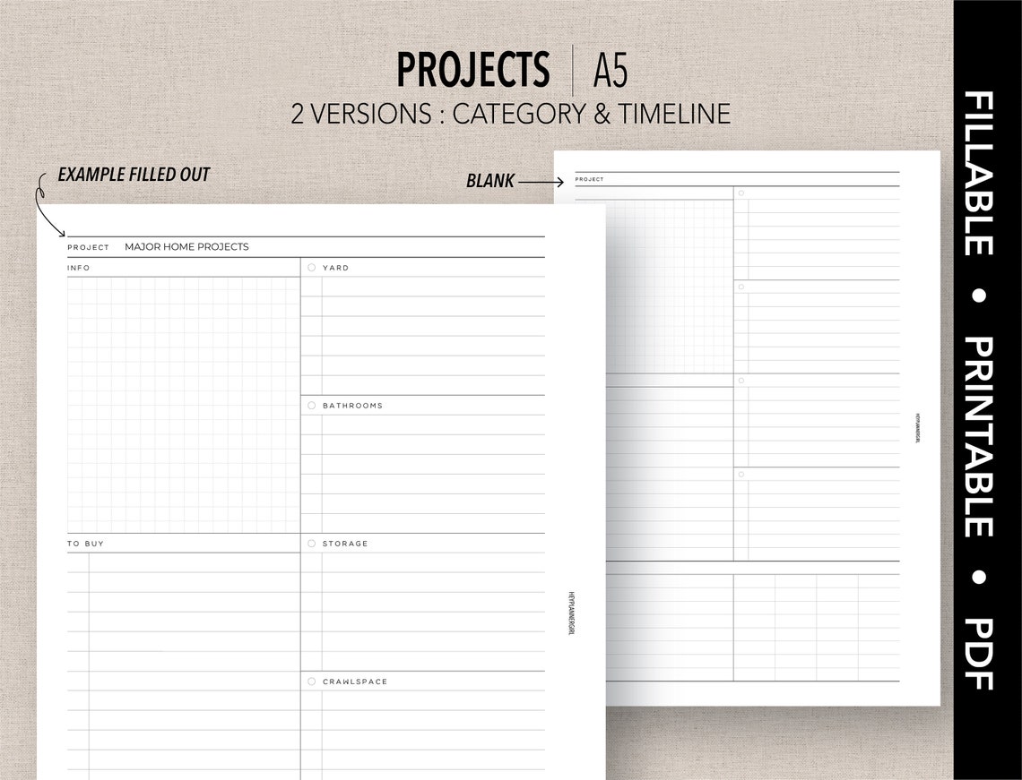 A5 FILLABLE PROJECTS Insert Fillable & Printable 2 - Etsy